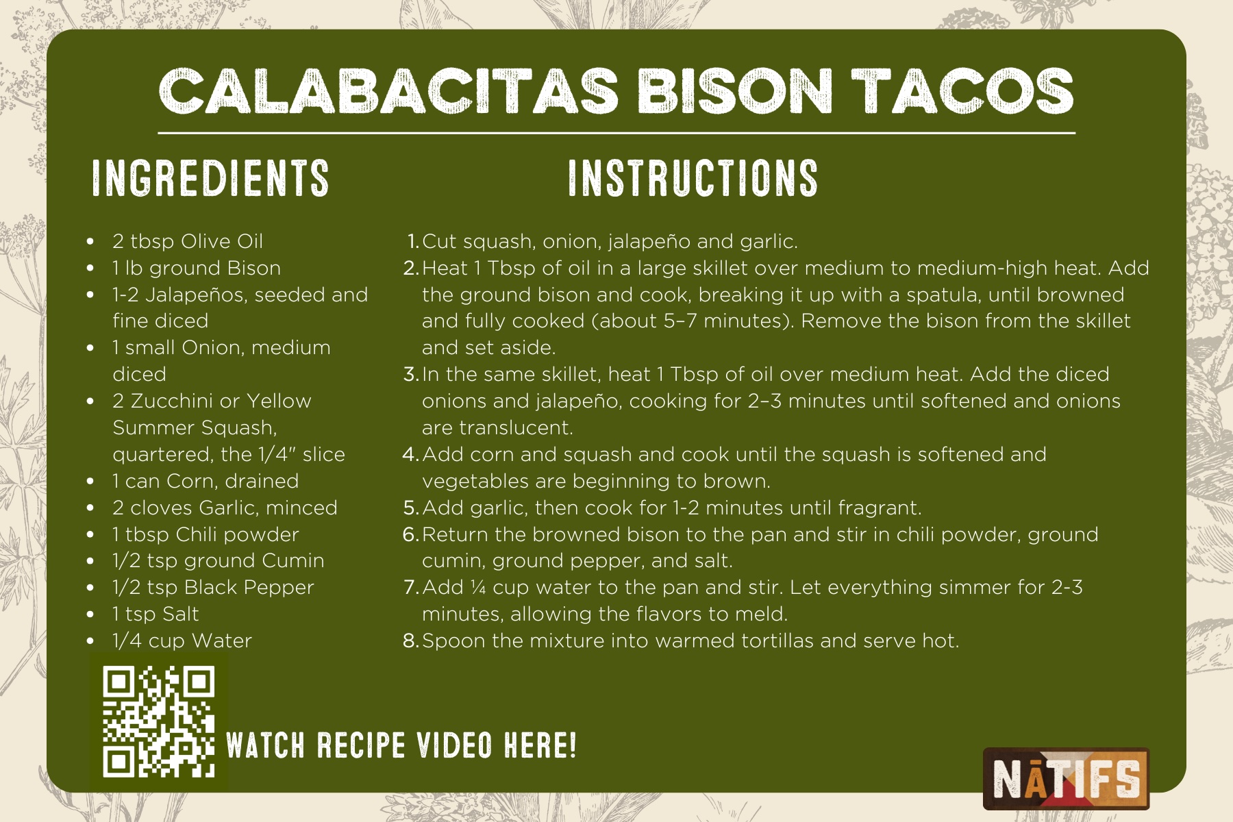 Calabacitas Bison Tacos - NATIFS
